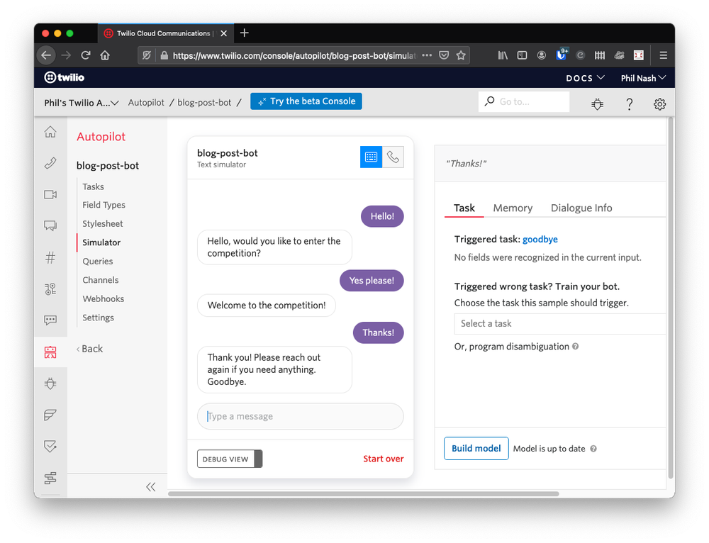 Build a competition entry chat bot with Twilio Autopilot and Facebook ...