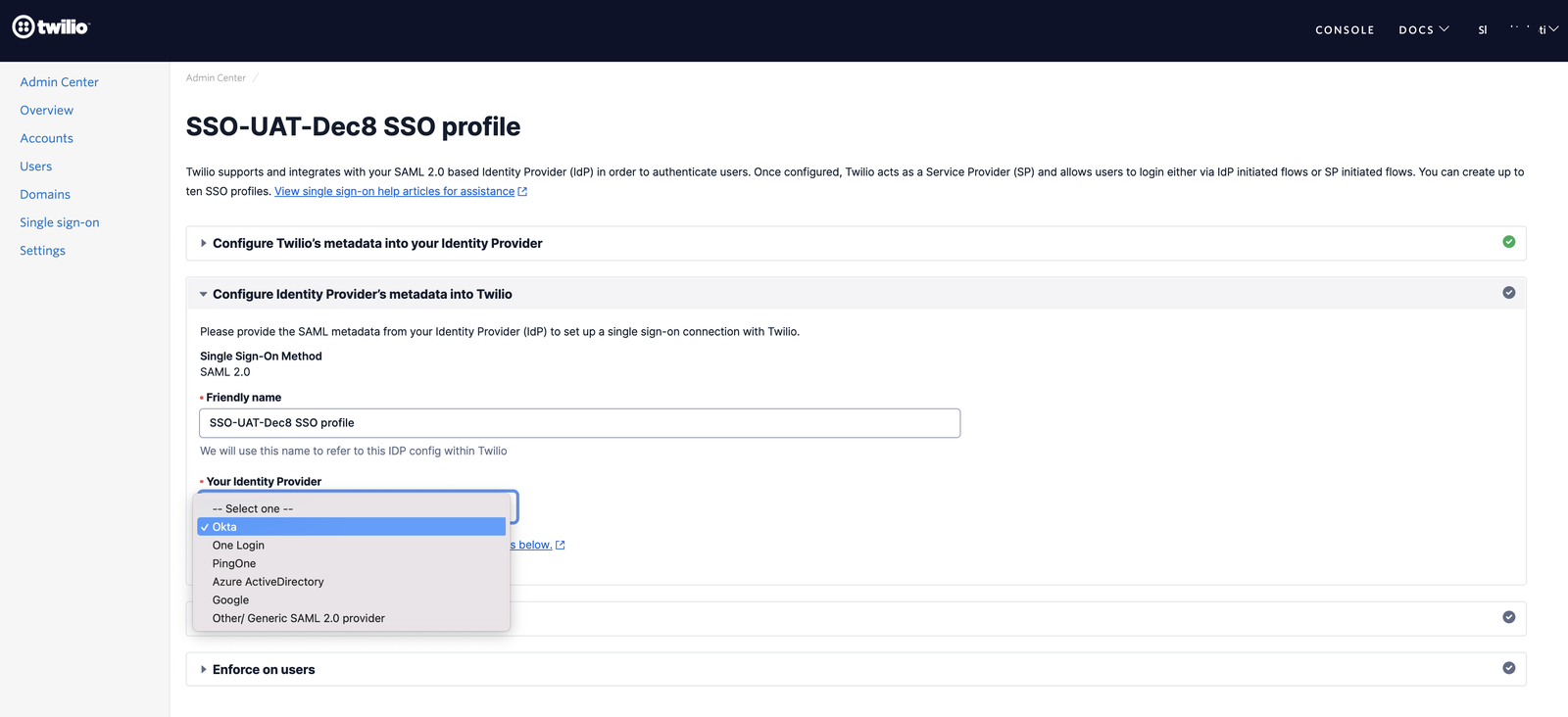 Configuring SSO with any other SAML2.0 Identity Provider | Twilio