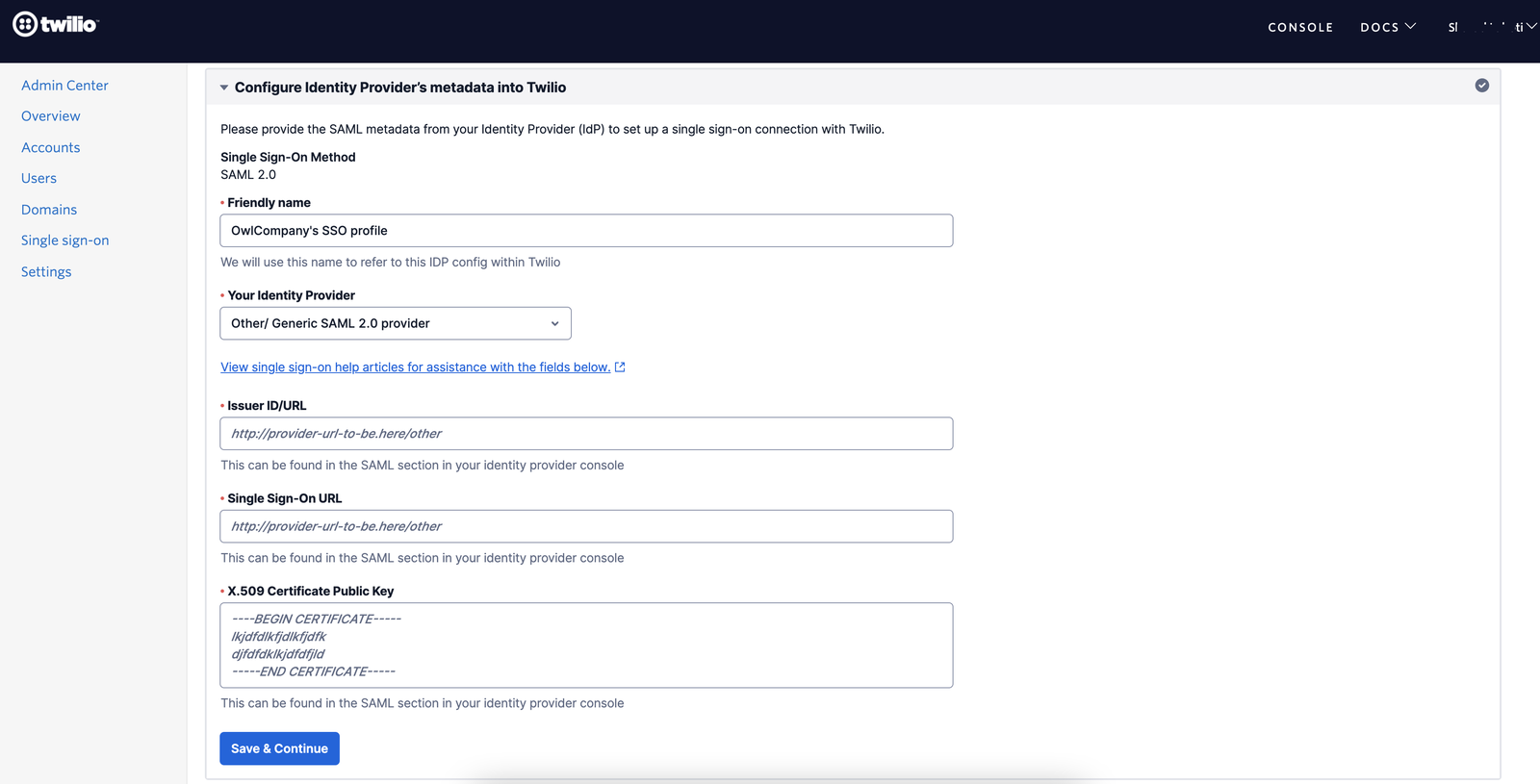Configuring SSO with any other SAML2.0 Identity Provider | Twilio