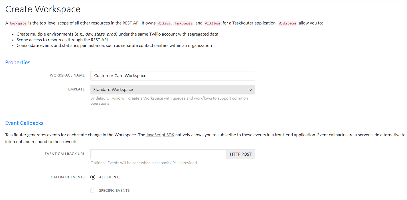 Setting up a TaskRouter Workspace: Create a Workspace | Twilio